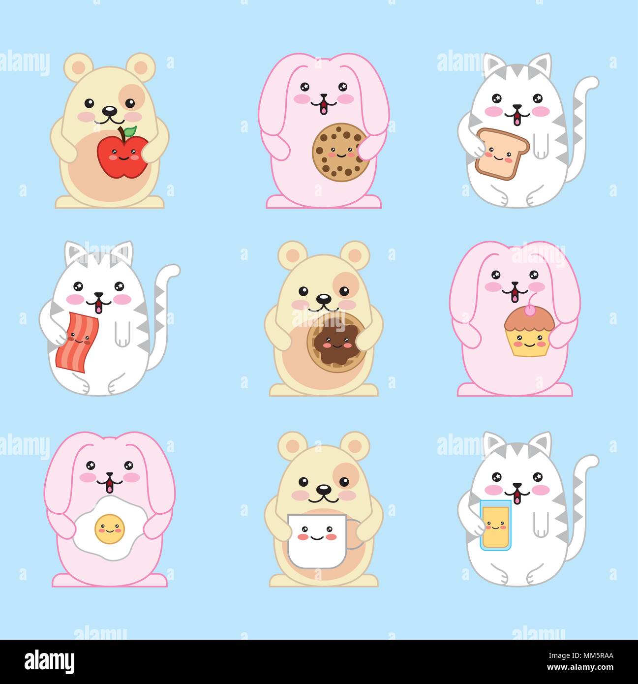 kawaii cat mouse rabbit cartoon holding food vector illustration Stock ...