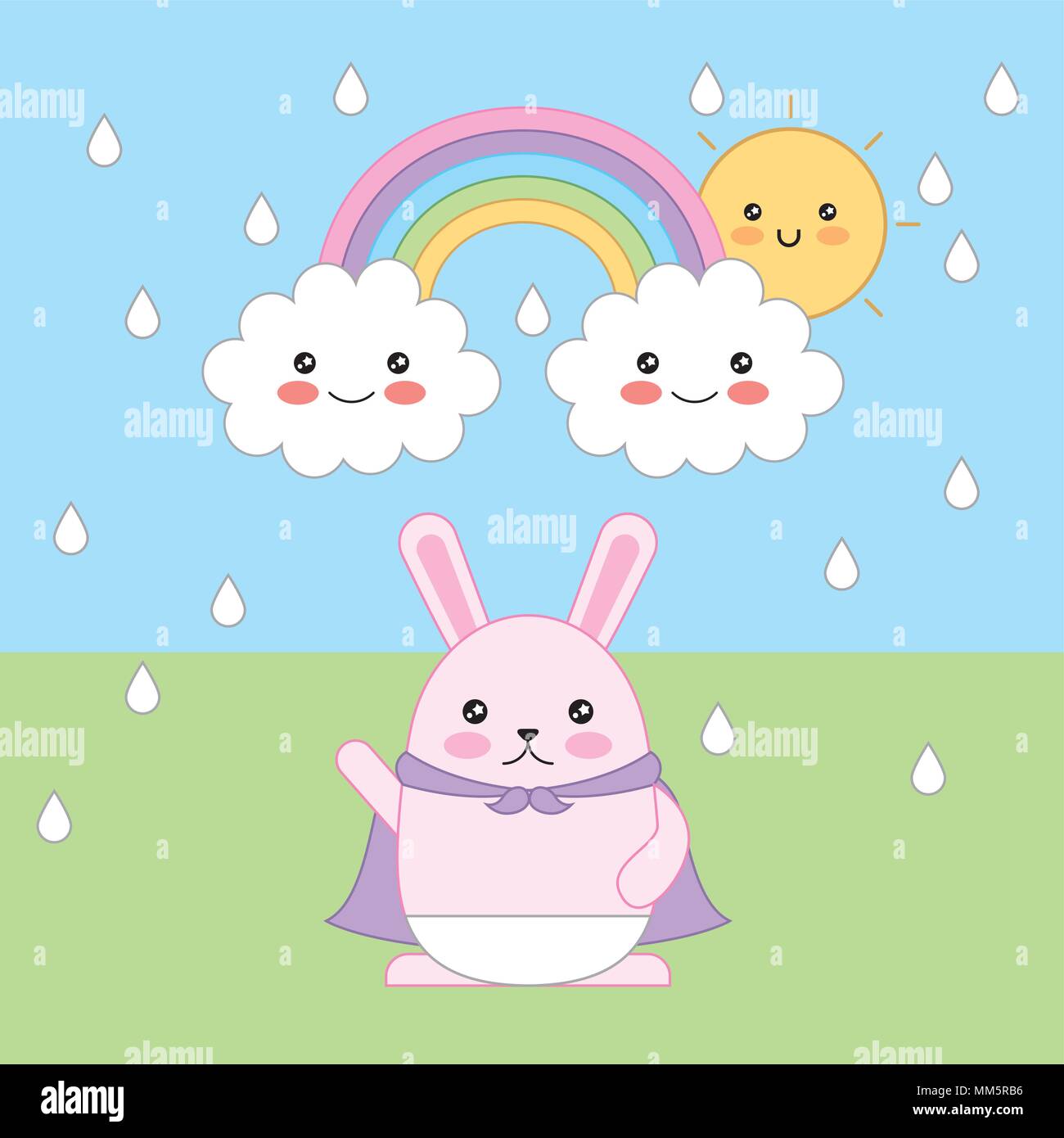 cute rabbit kawaii with cape in raindrops clouds sun cartoon vector ...