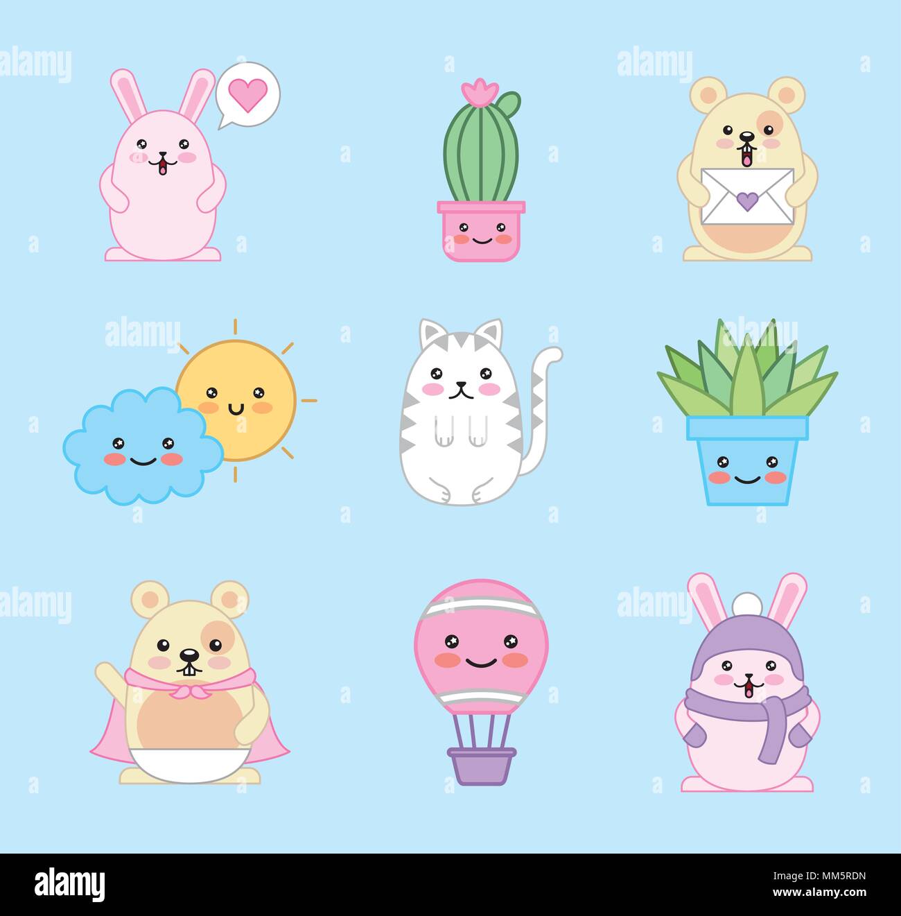 kawaii cartoon cat mouse rabbit cactus cloud sun vector illustration ...