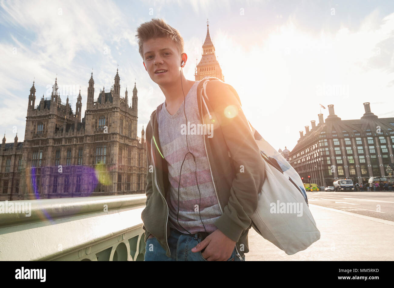 Portrait of boy in front of city buildings, London, England Stock Photo ...