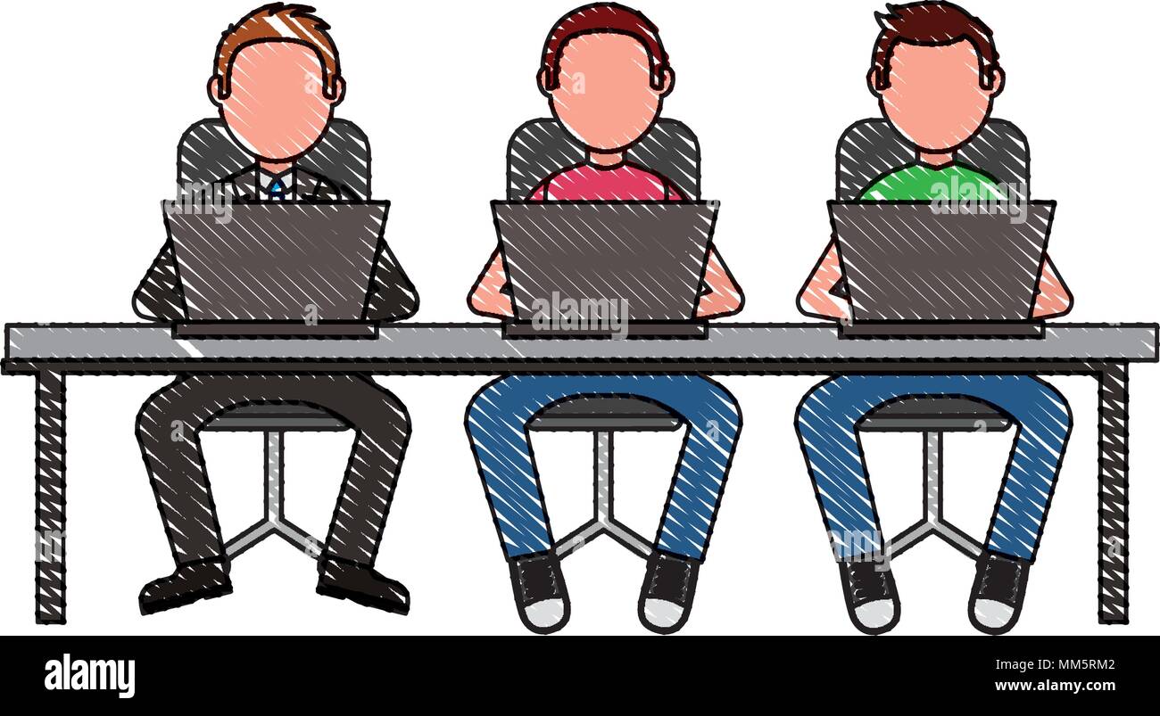 group men sitting behind desk with laptops vector illustration Stock ...