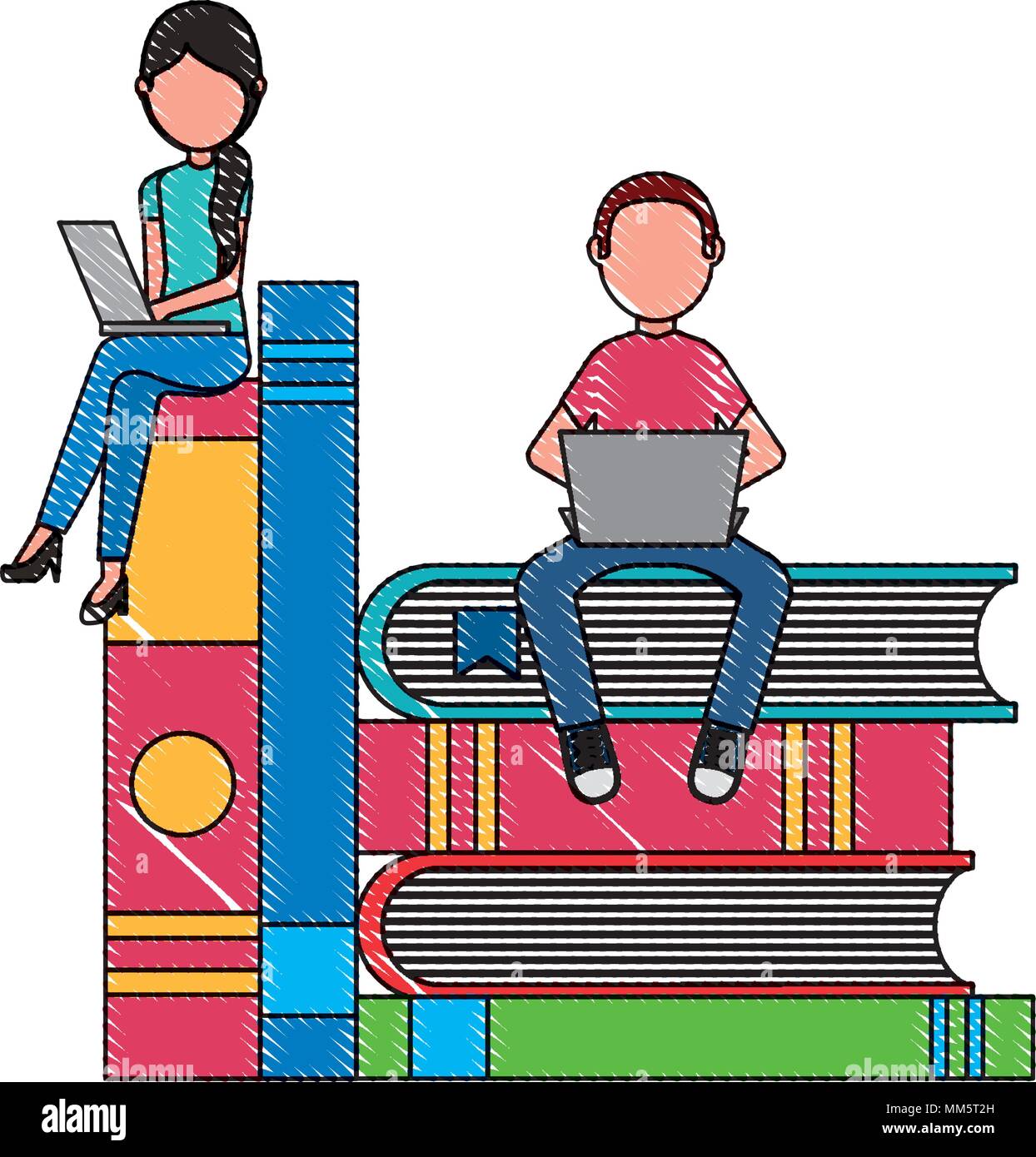 boy and girl reading a laptop sitting on a stack of textbooks vector ...