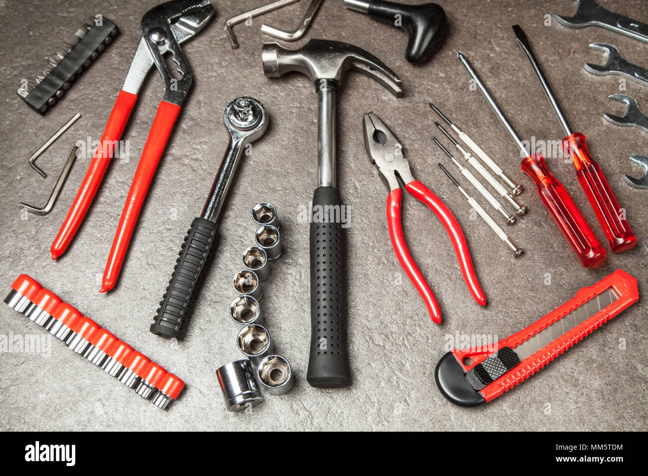 DIY Tools set with different types of wrenches, hammer and pliers Stock ...