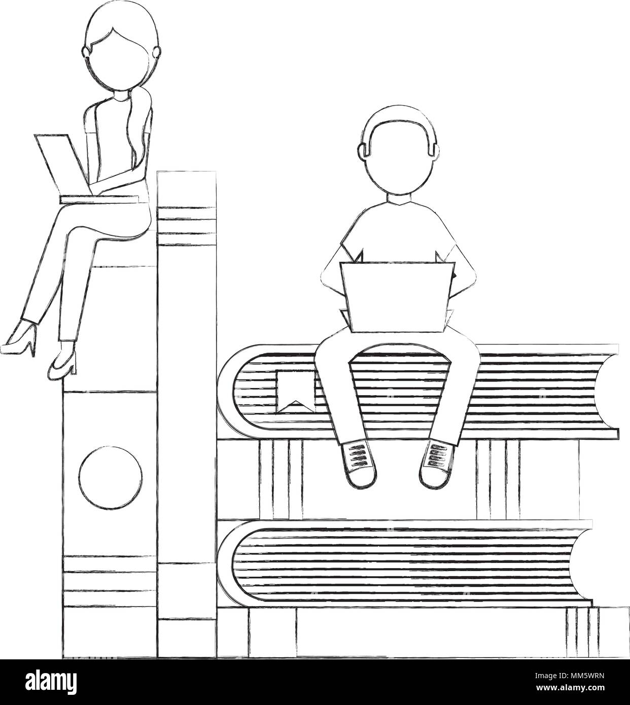 students with text books pile and laptop computer vector illustration ...