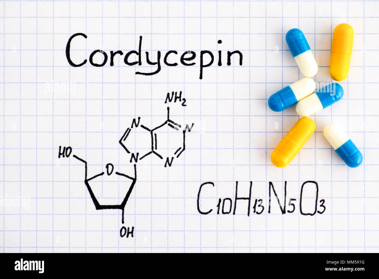 Chemical formula of Cordycepin with some pills. Close-up Stock Photo ...