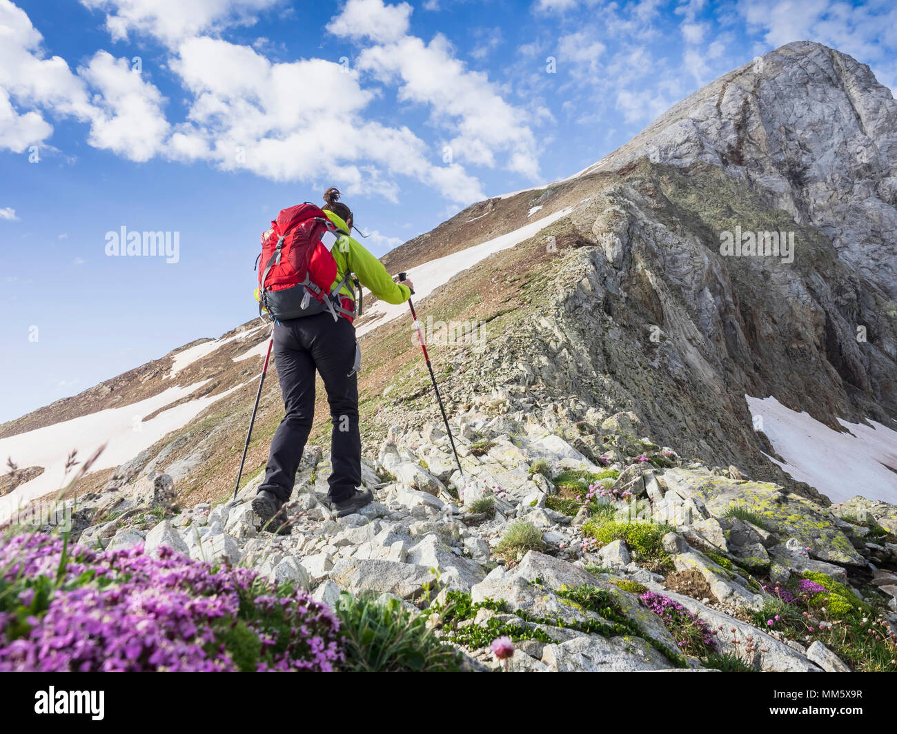 Woman hiking in the High Pyrenees ascending to mount Vignemale ...