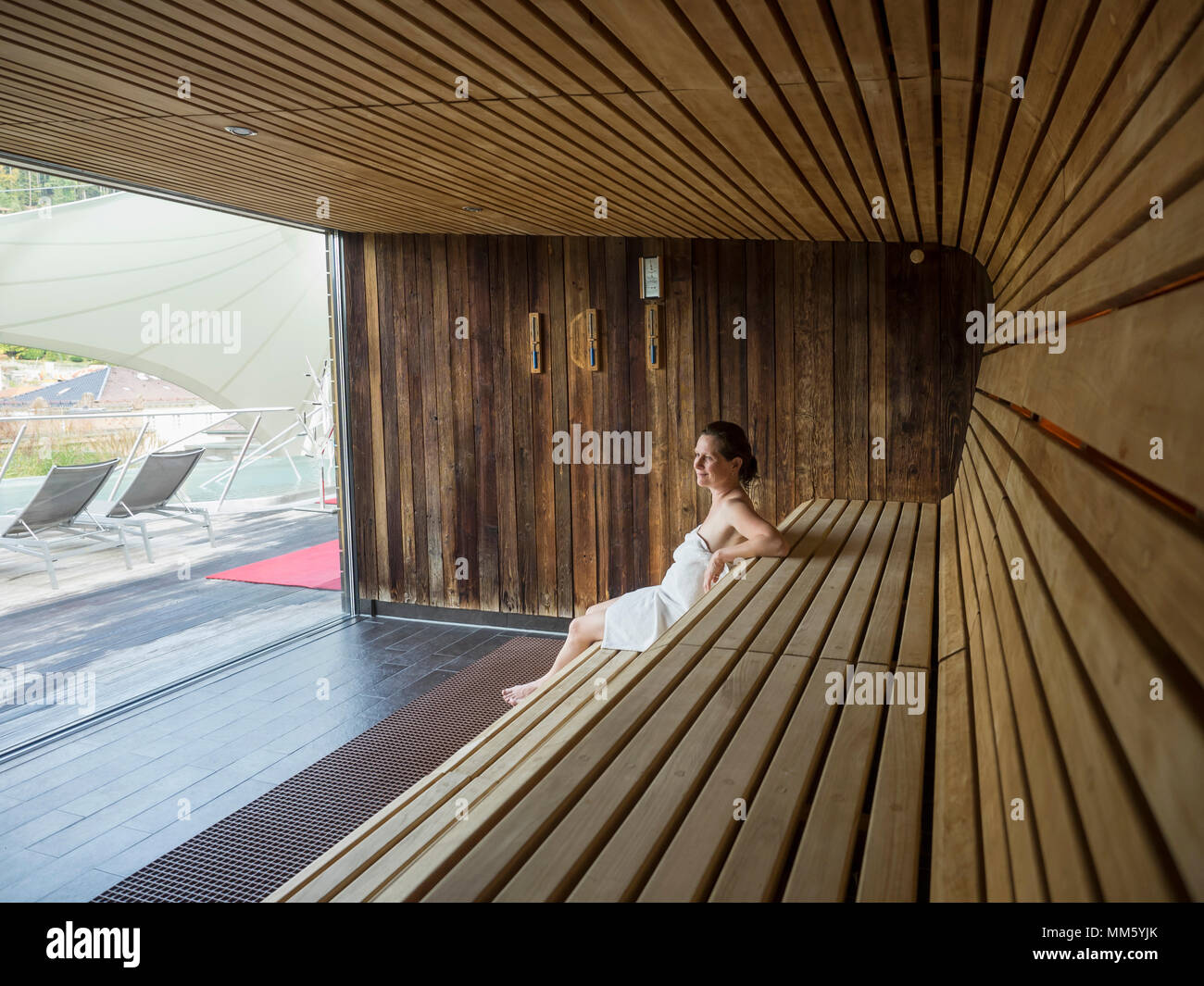 Woman relaxing in sauna of Palais-Thermal, Bad Wildbad, Baden ...