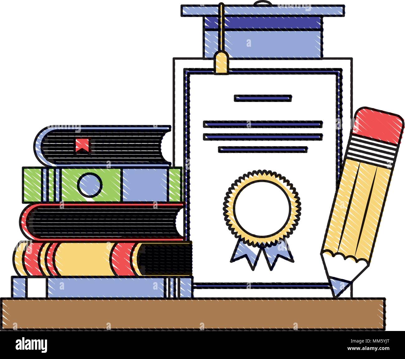 educational diploma pencil books on shelf vector illustration drawing ...