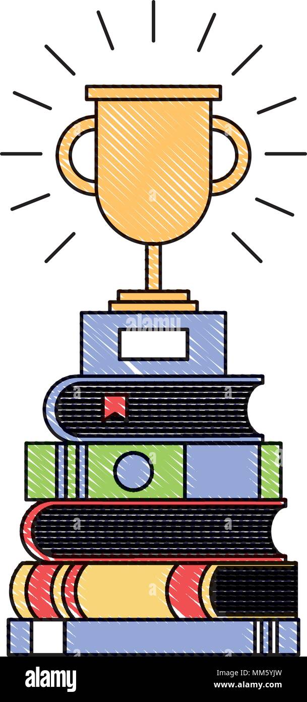 trophy on stacked books school success vector illustration drawing ...