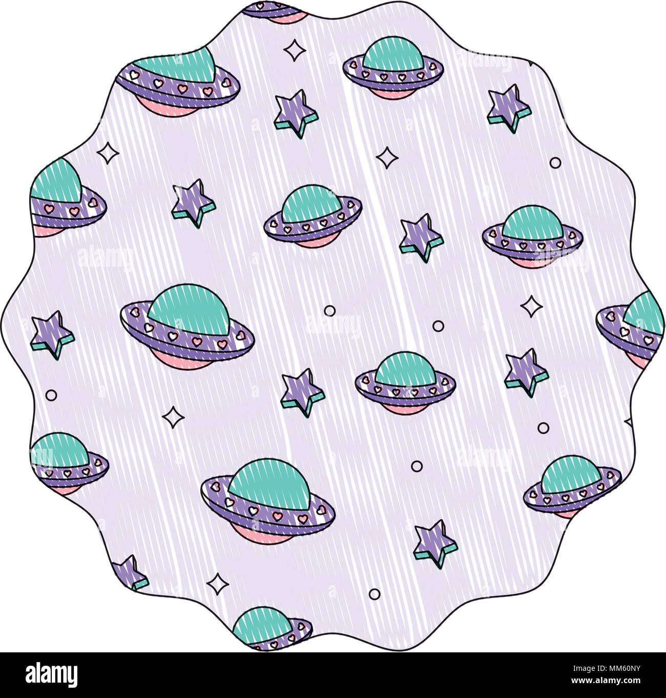 circular frame with ufo and stars pattern over white background, vector ...