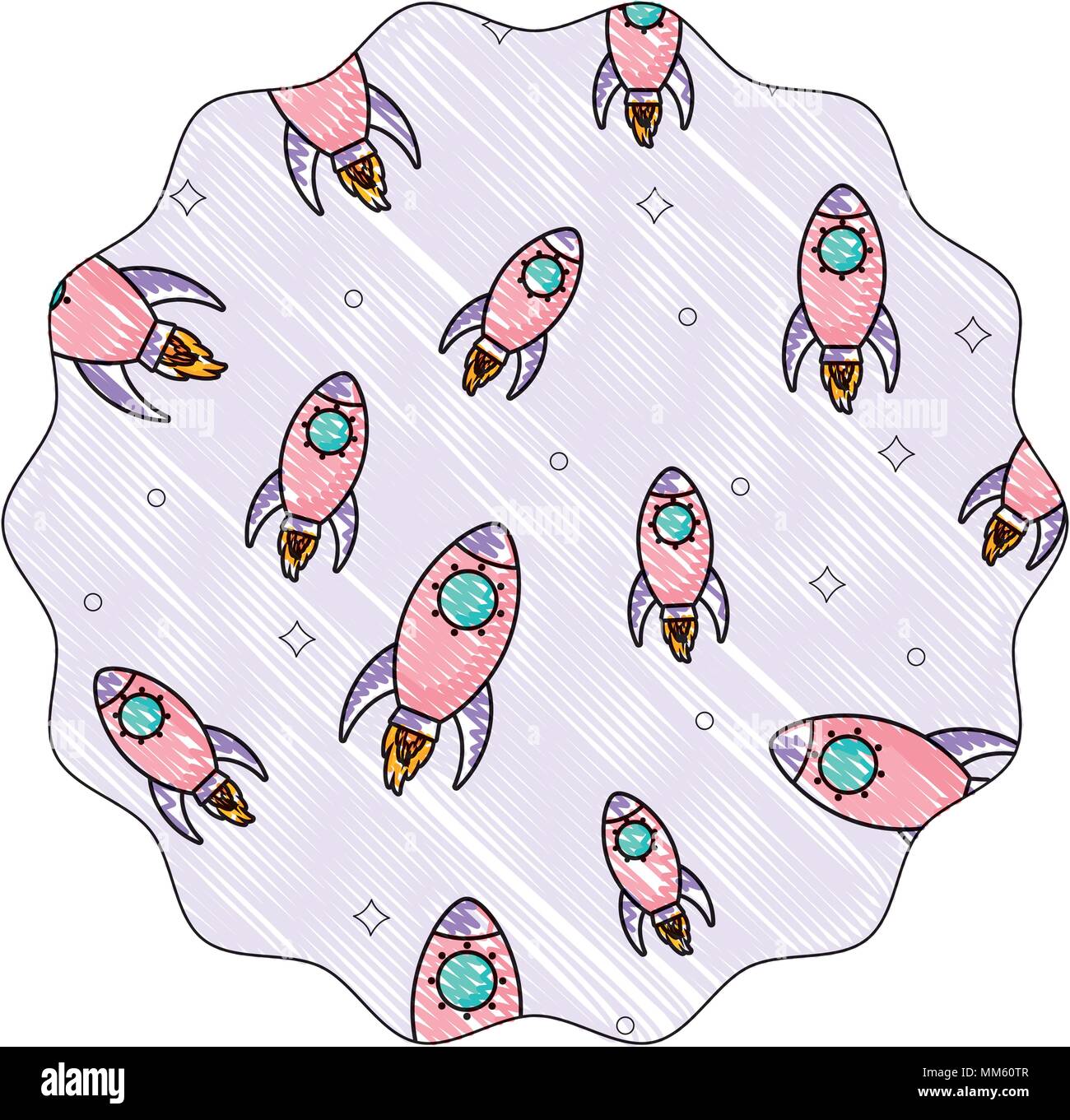 circular frame with space rockets pattern over white background, vector ...