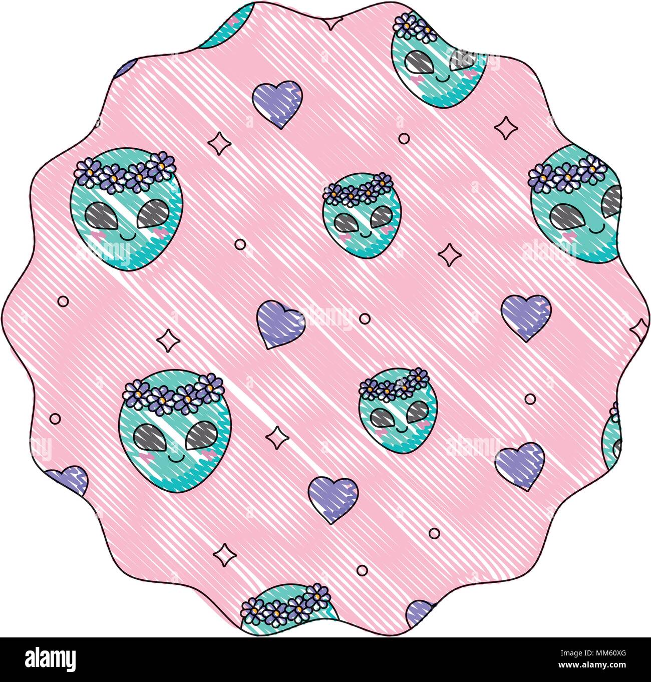 circular frame with alien and hearts pattern over white background ...