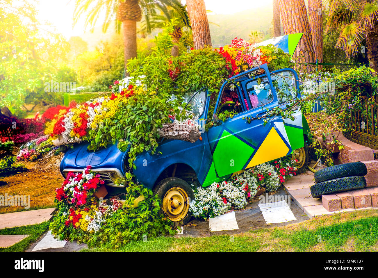 car flowers ecology concept in spring flower child green vehicle Stock ...