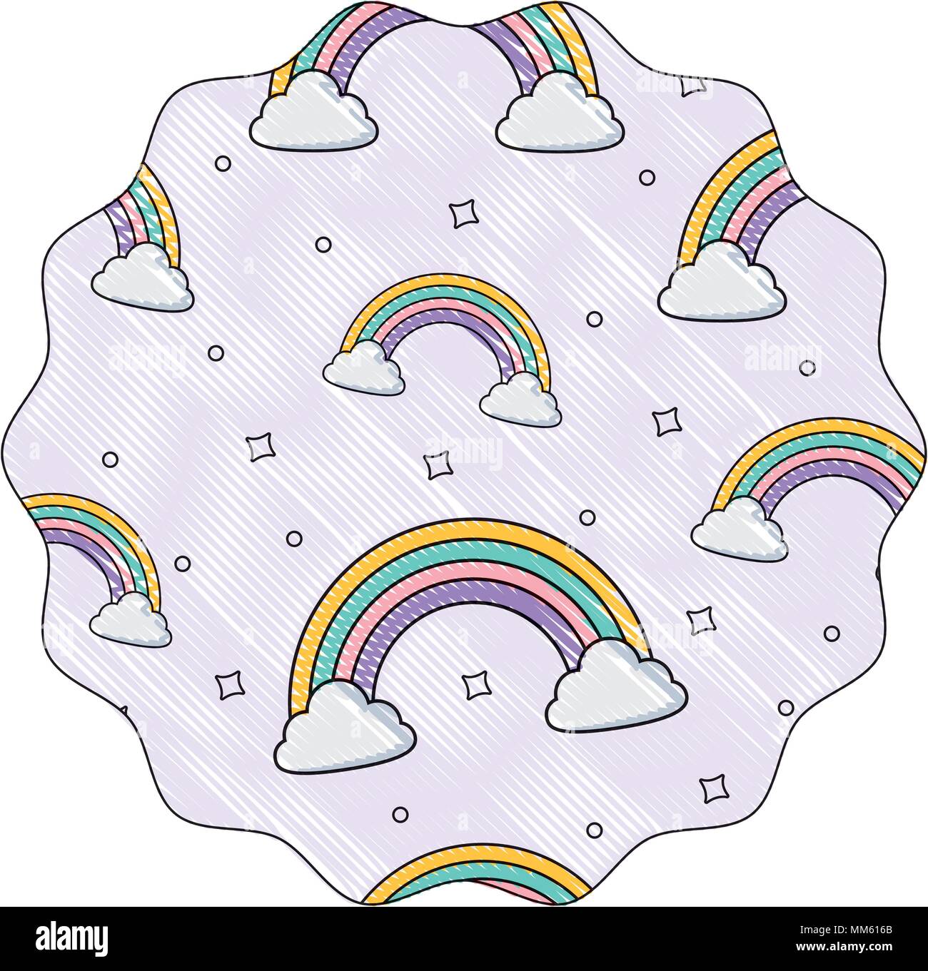 circular frame with rainbow and clouds pattern over white background ...