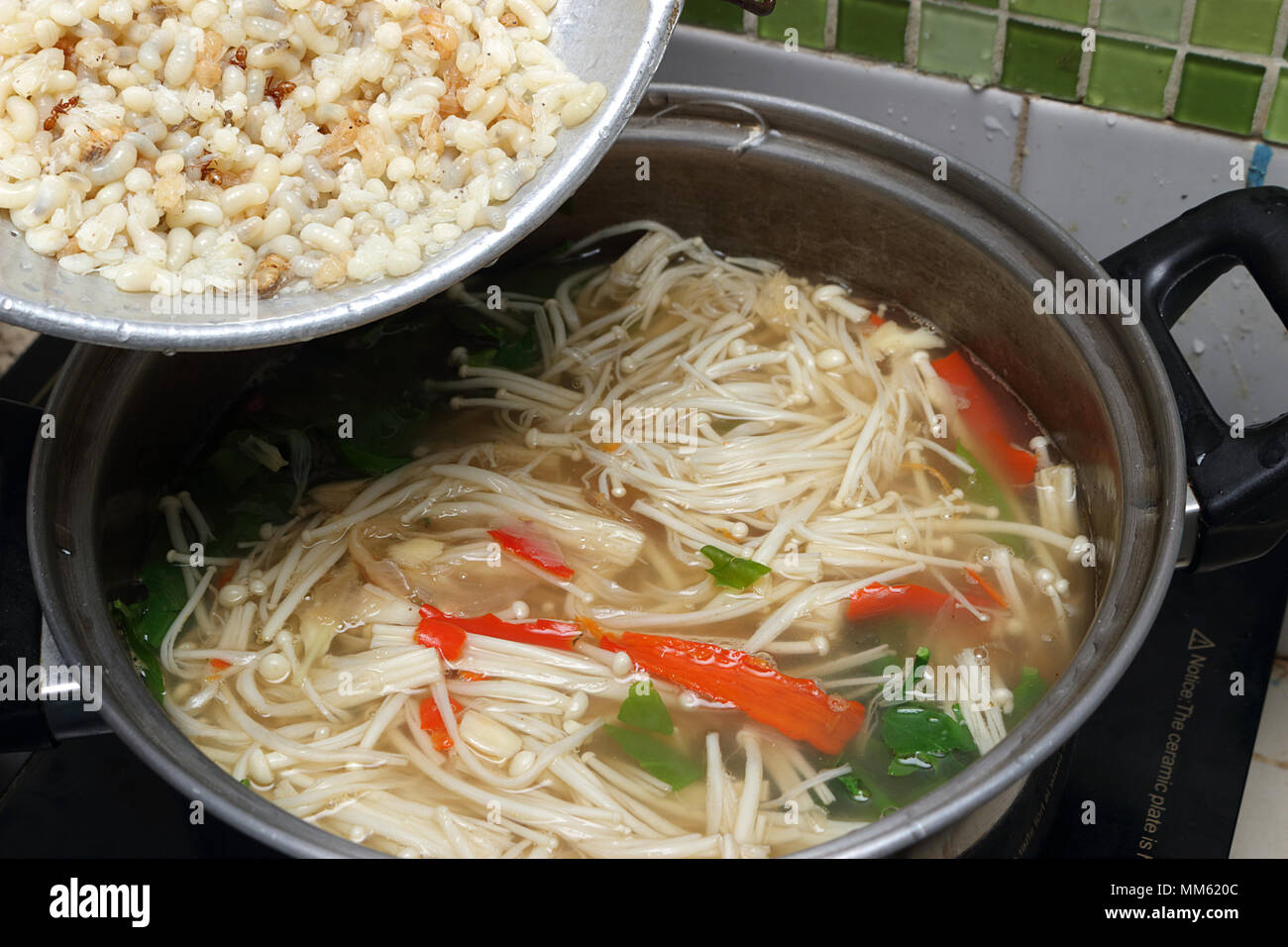 In picture is cooking. It's mushroom curry with ant larvae. Curry has ...