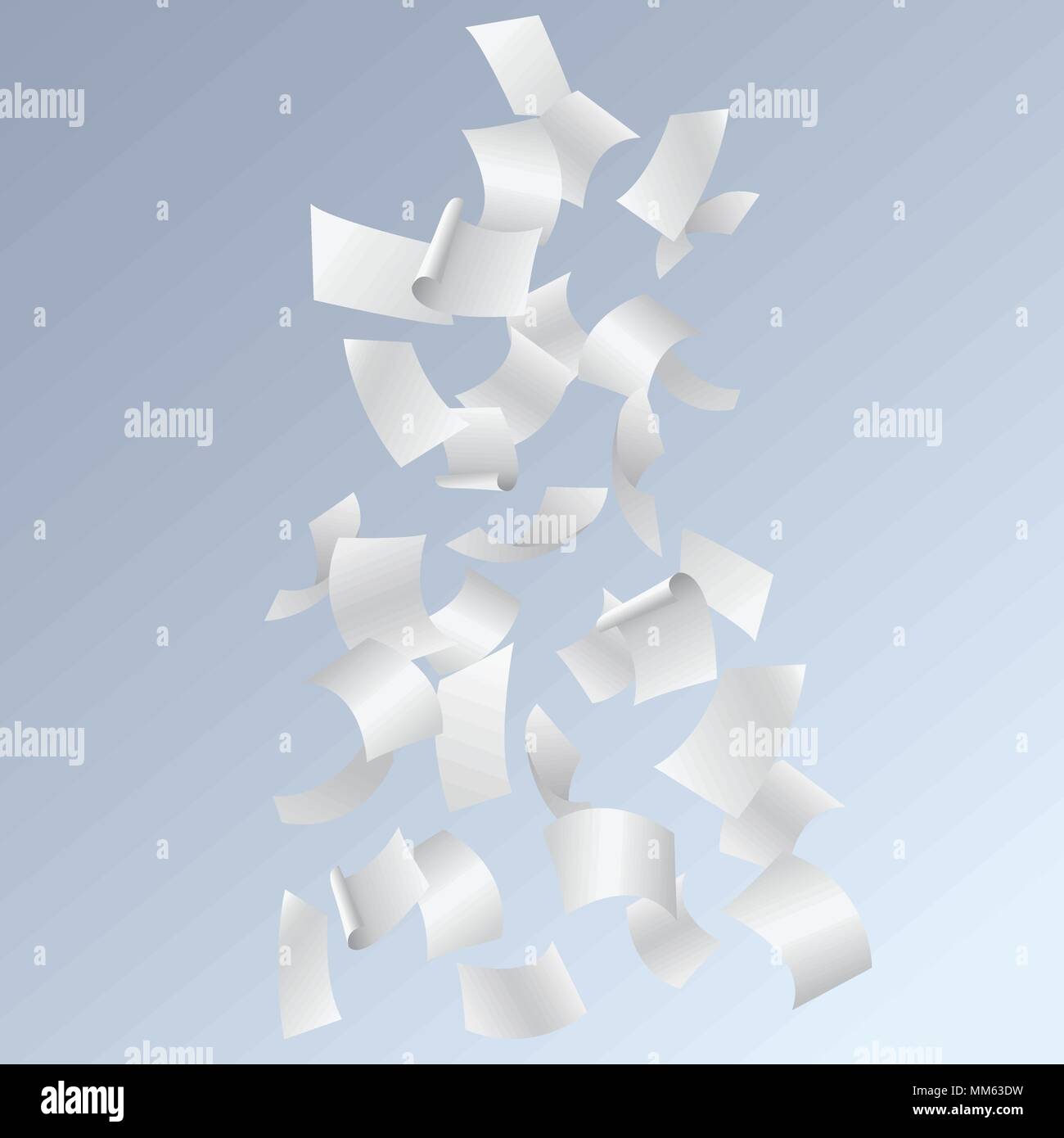 Flying pages of papers or documents, isolated in blue background ...