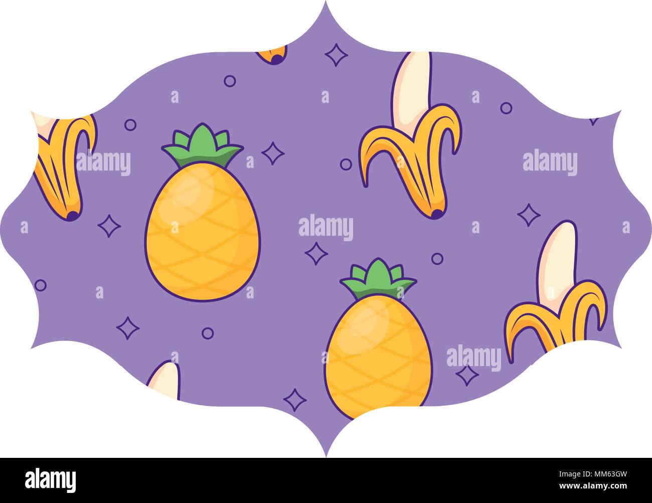 arabic frame with bananas and pineapples pattern over white background ...