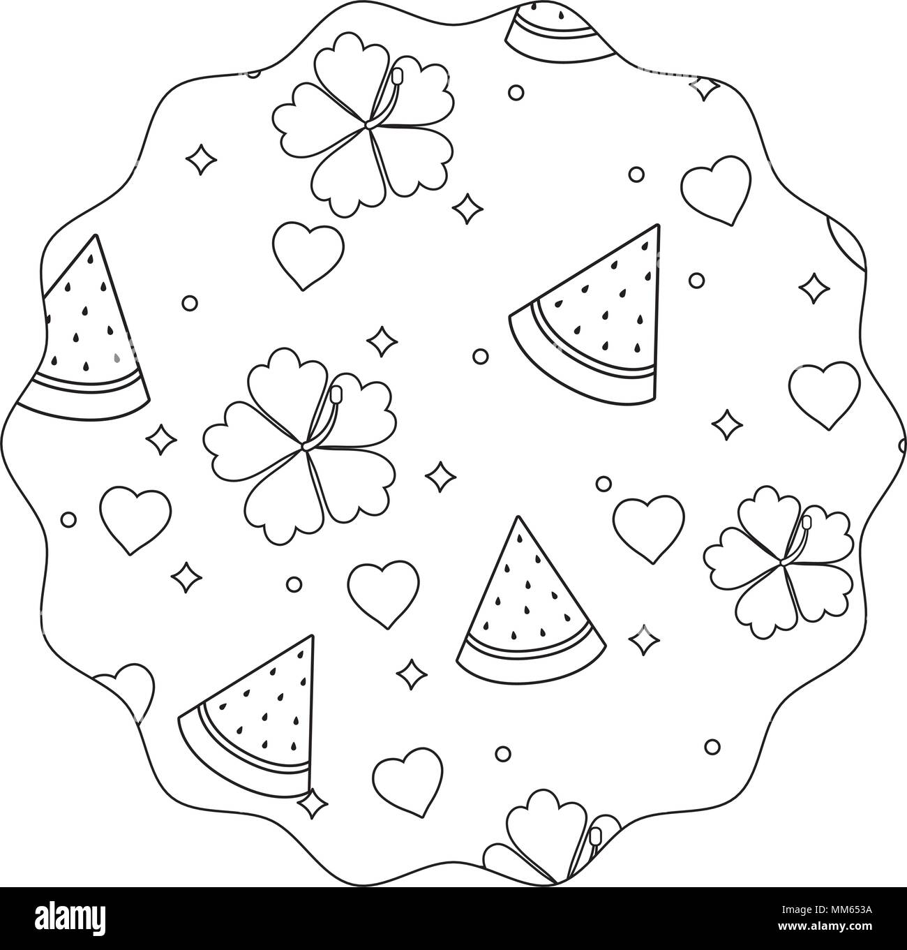 circular frame with tropical flowers and watermelon pattern over white ...