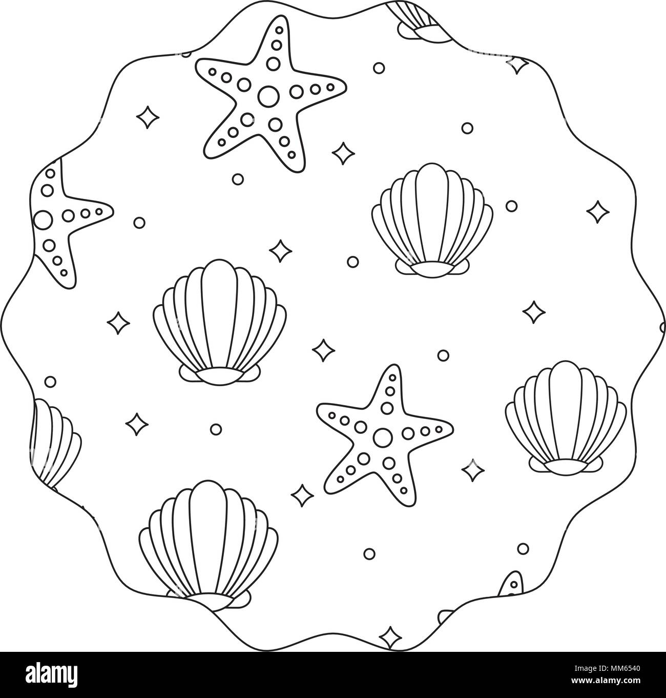 circular frame with seashells and sea stars pattern over white ...