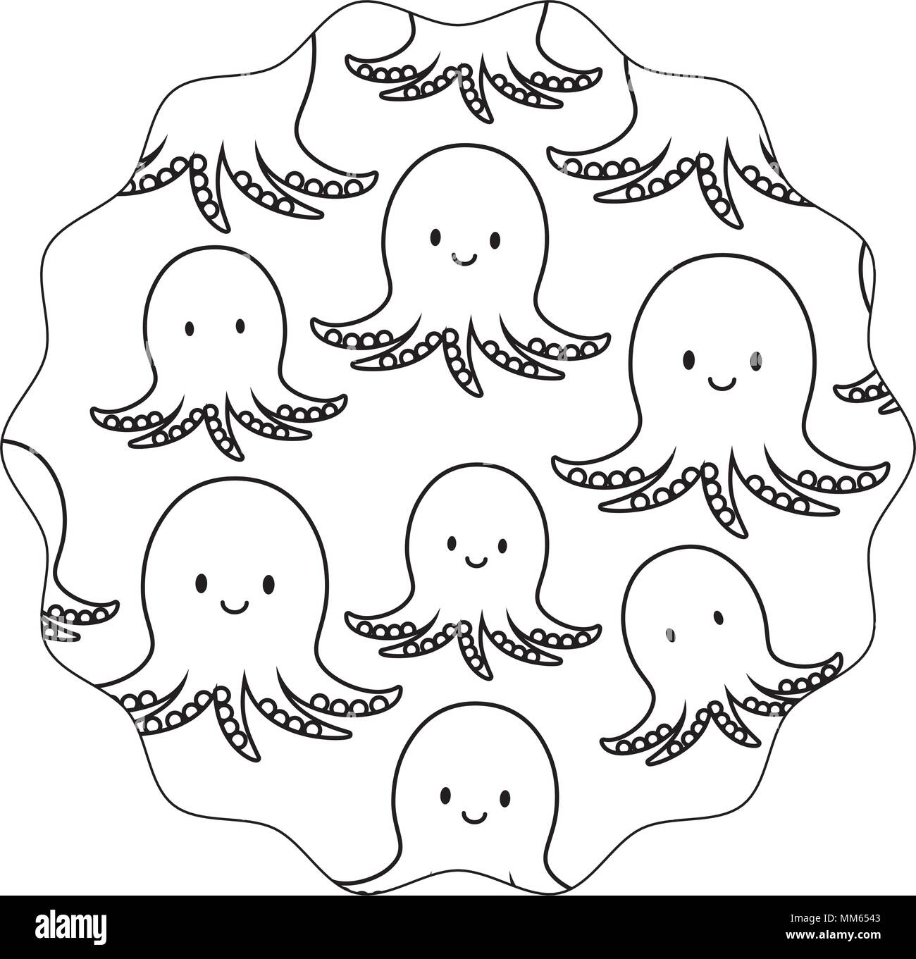 circular frame with cute octopus pattern over white background, vector ...