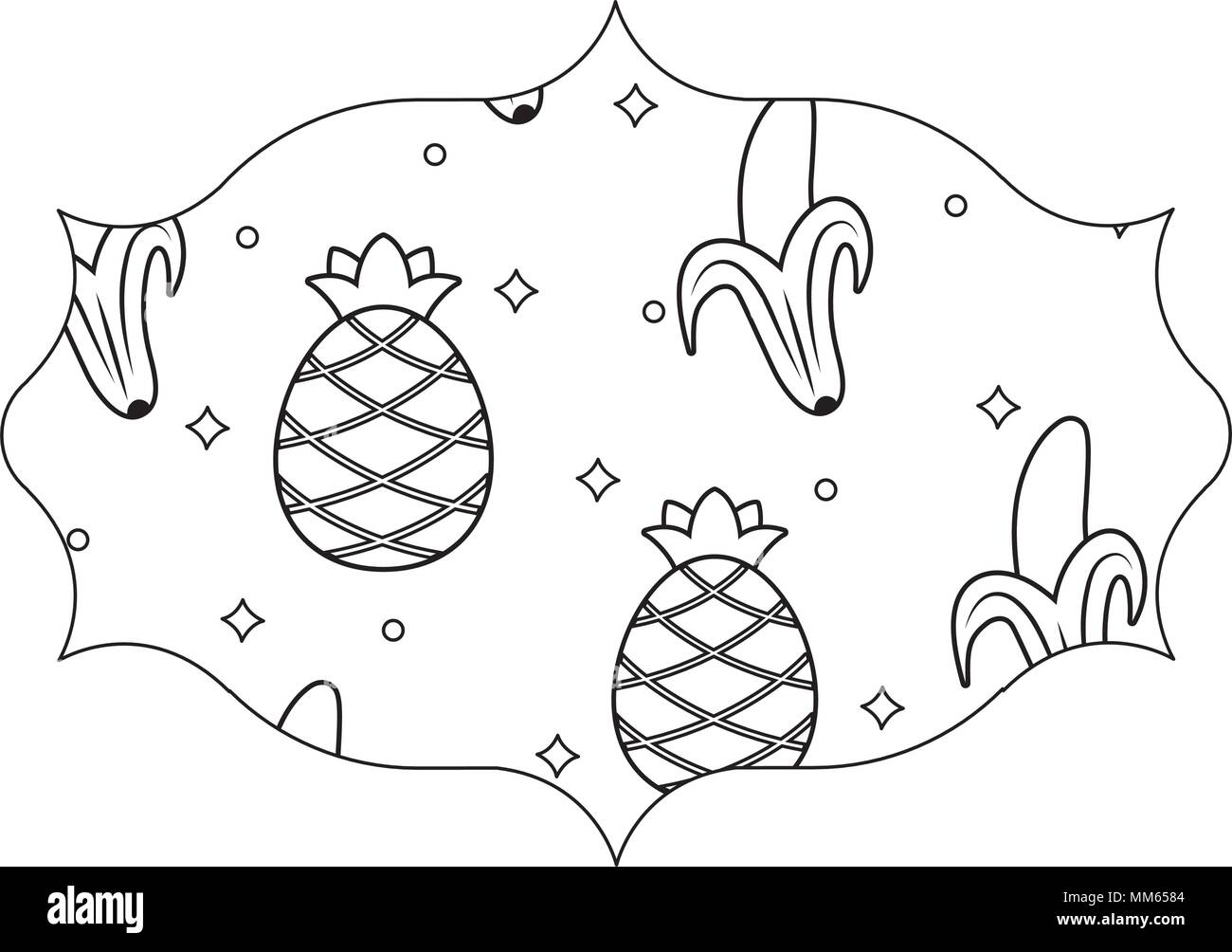 arabic frame with bananas and pineapples pattern over white background ...