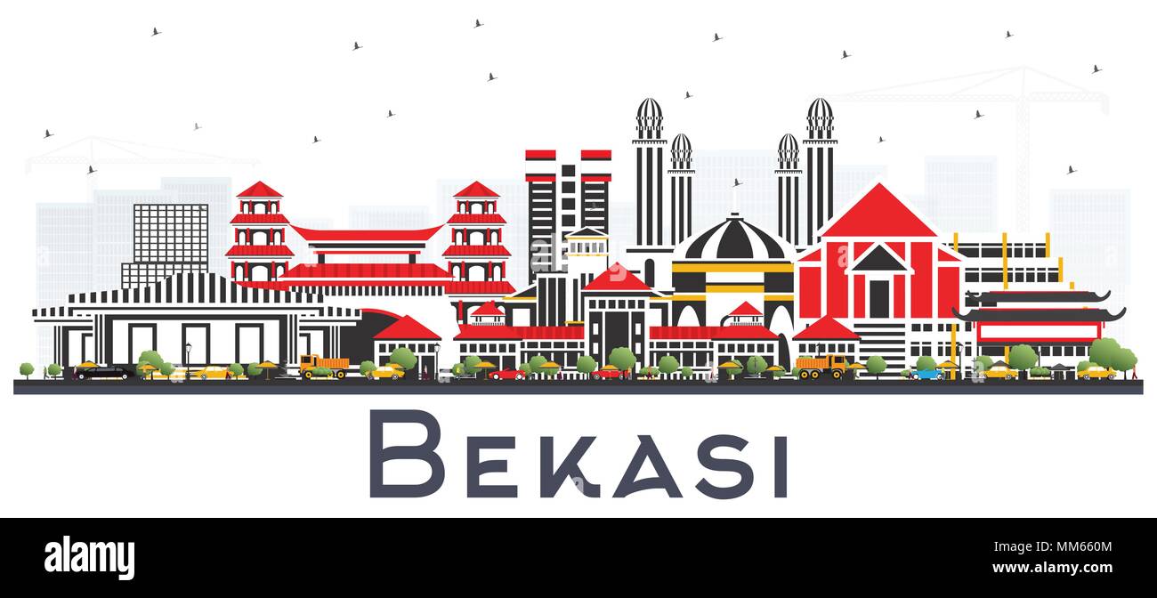 Bekasi Indonesia City Skyline with Color Buildings Isolated on White ...