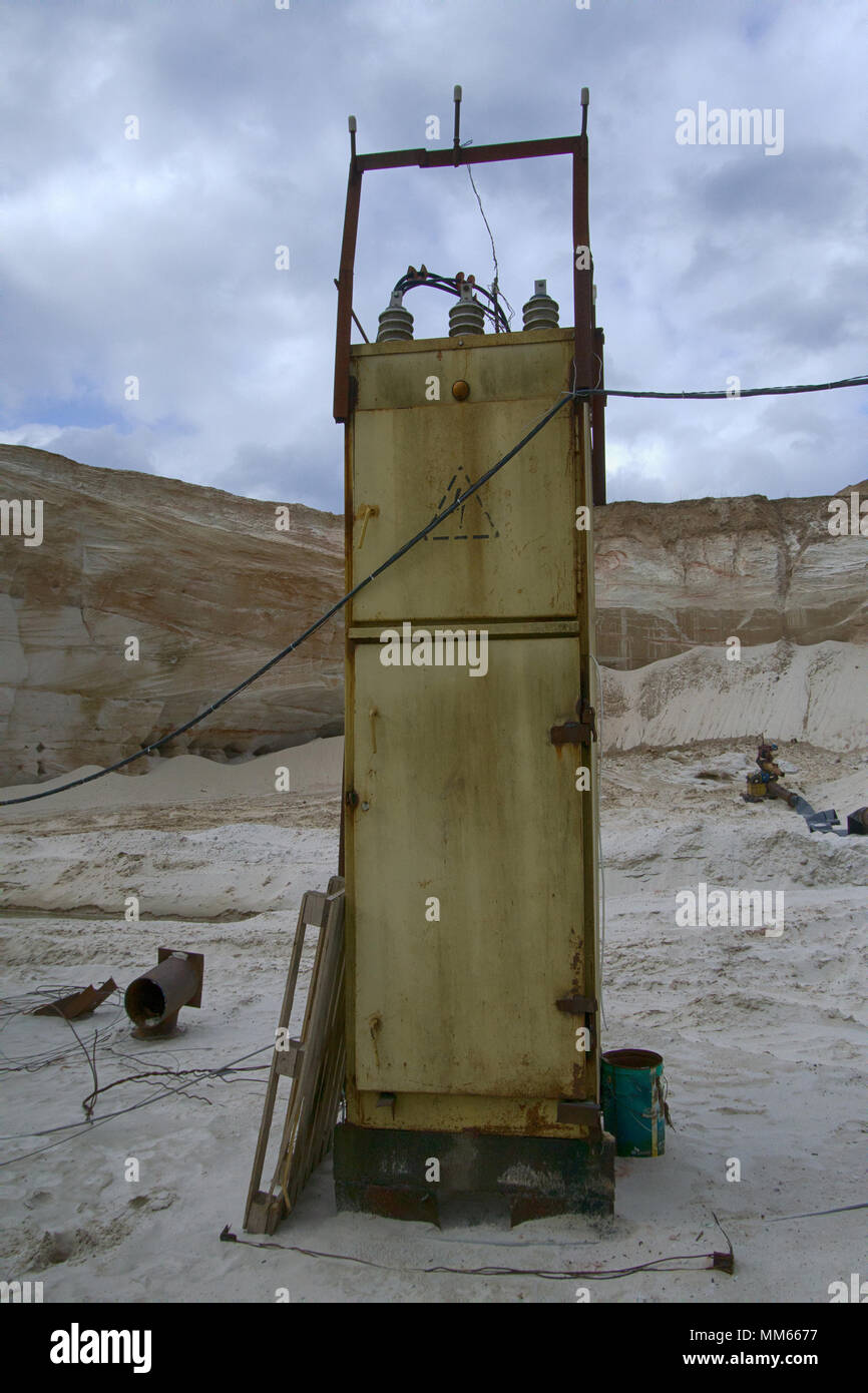 Transformer vault, electrical energy. Sand extraction, sand quarry ...
