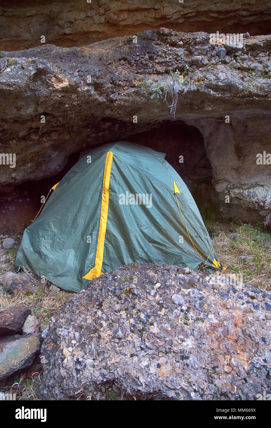 beginning of work of speleologists. Tent placed at entrance to cave ...