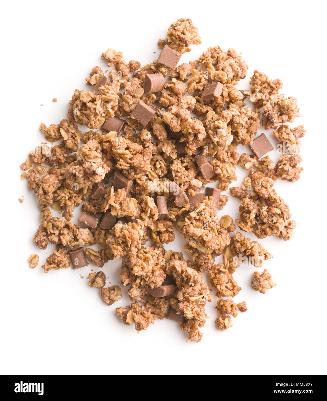 The chocolate granola breakfast cereals isolated on white background ...