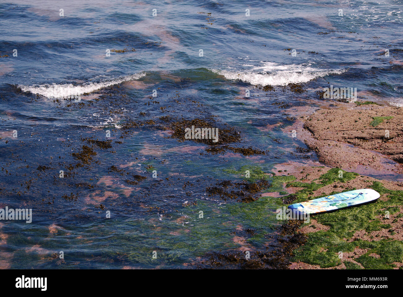 A seascape of a body board washed up on some rocks with a wave about to ...