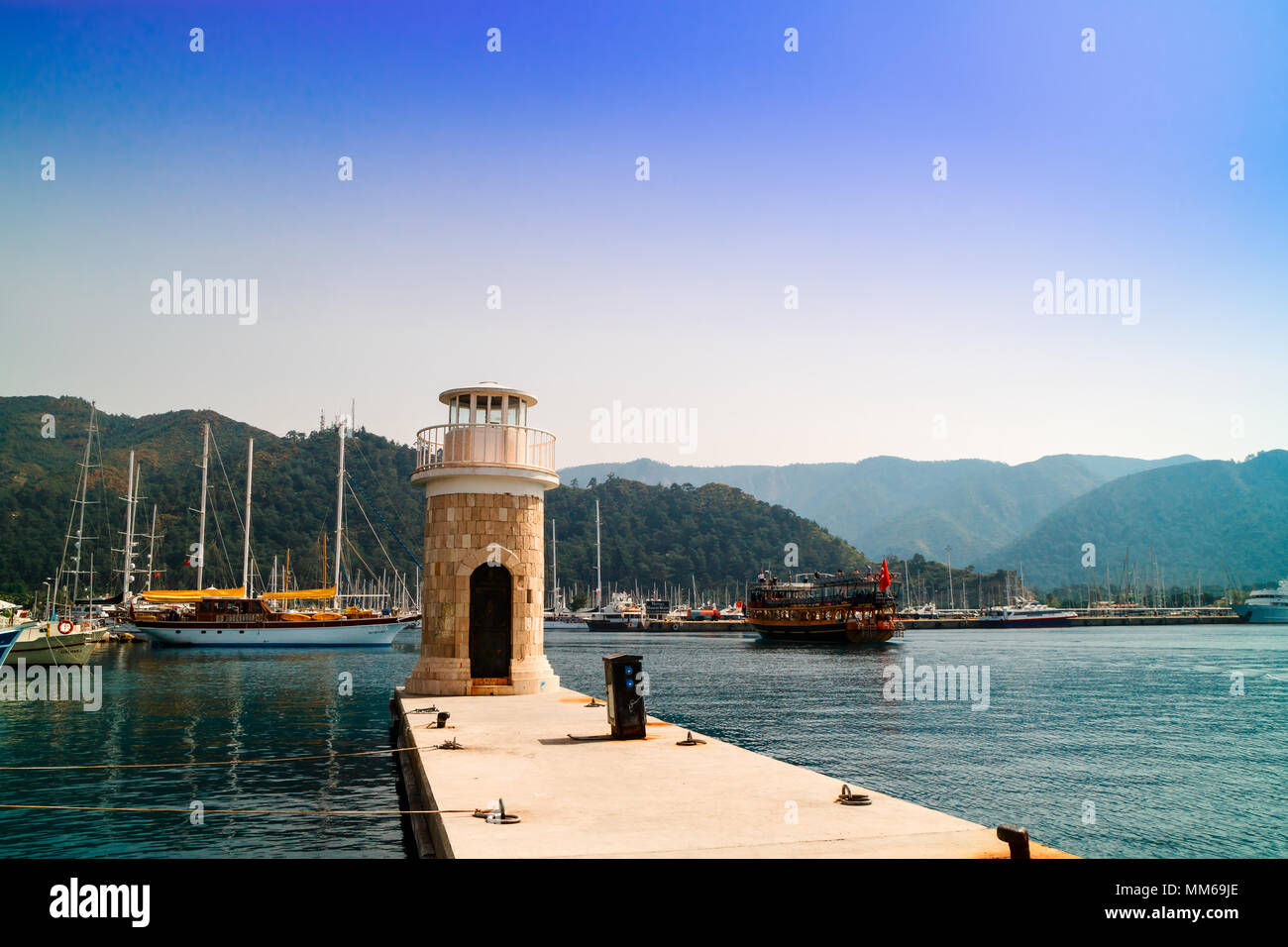 Waterfront with the old lighthouse in Marmaris in Turkey Stock Photo ...