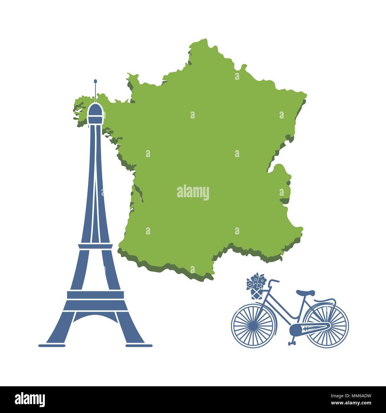 Map of France, famous tower of Paris, bicycle with a basket of flowers ...