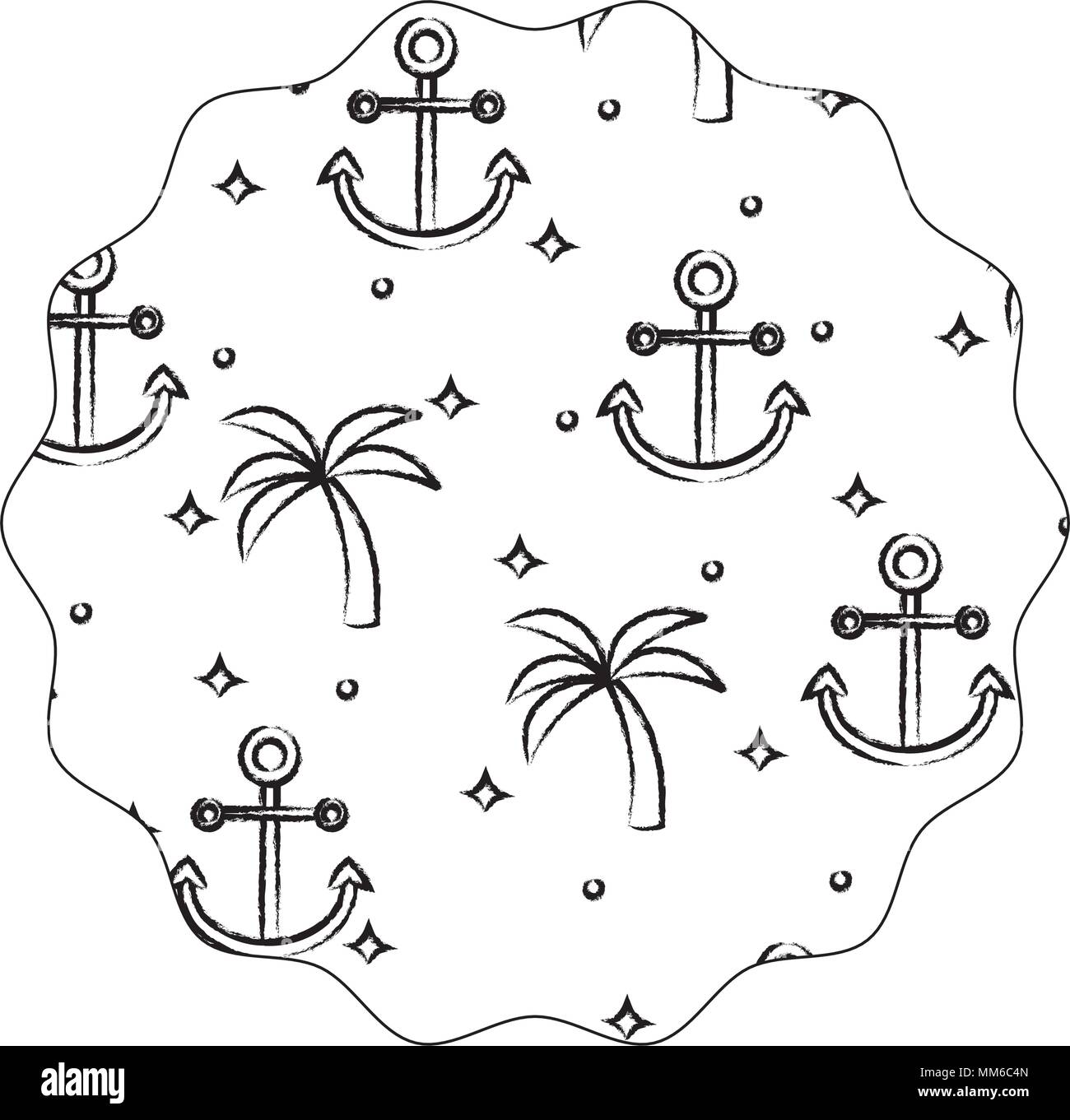 sketch of circular frame with anchors and tropical palms pattern over ...