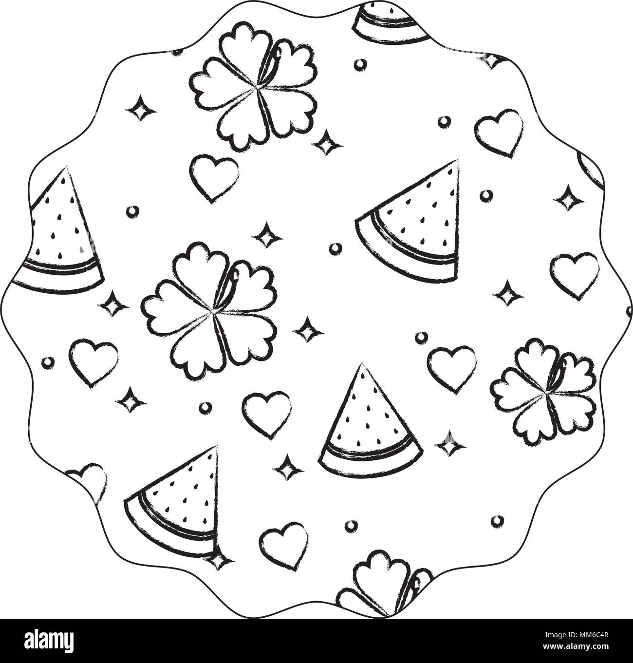circular frame with tropical flowers and watermelon pattern over white ...