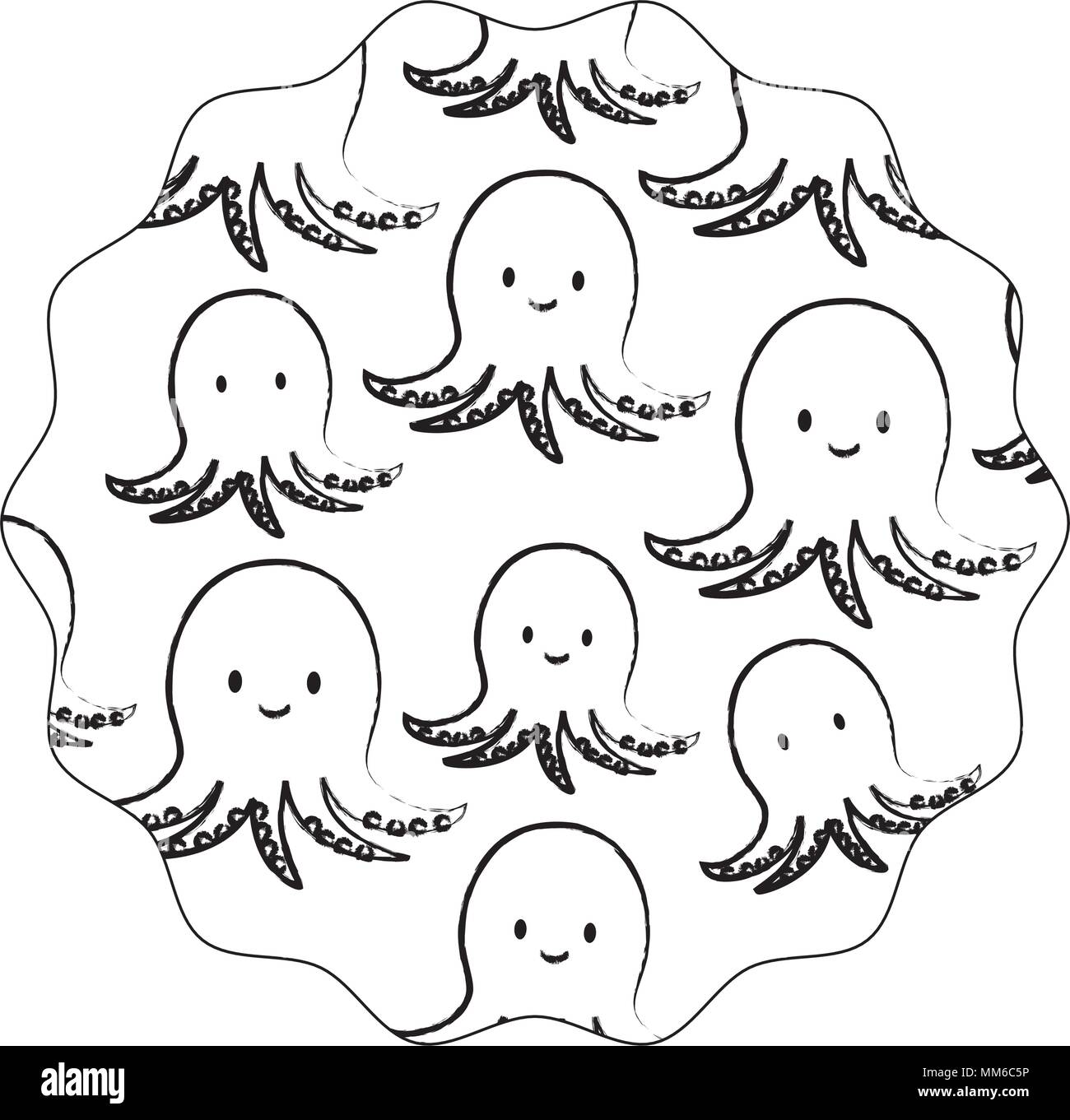 circular frame with cute octopus pattern over white background, sketch ...