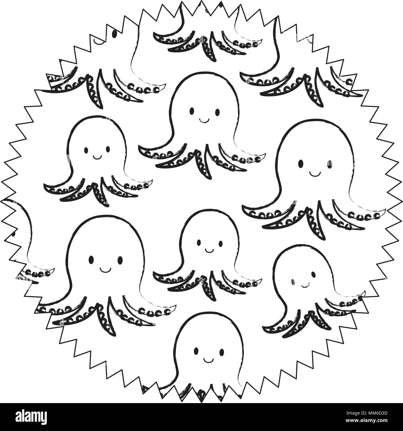 sketch of seal stamp with cute octopus pattern over white background ...