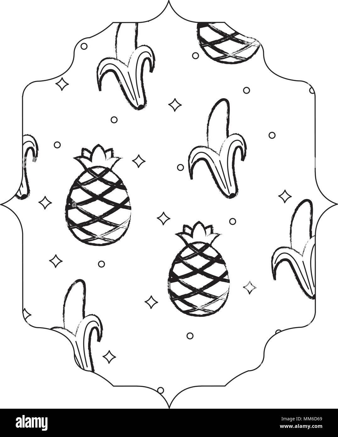 arabic frame with bananas and pineapples pattern over white background ...