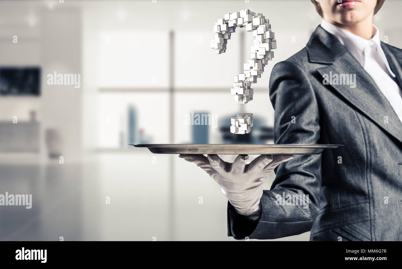 Hand of waiter presenting question mark on tray Stock Photo - Alamy
