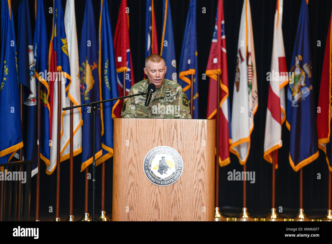 Incoming DCG, Brigadier General Patrick Frank addresses the audience ...