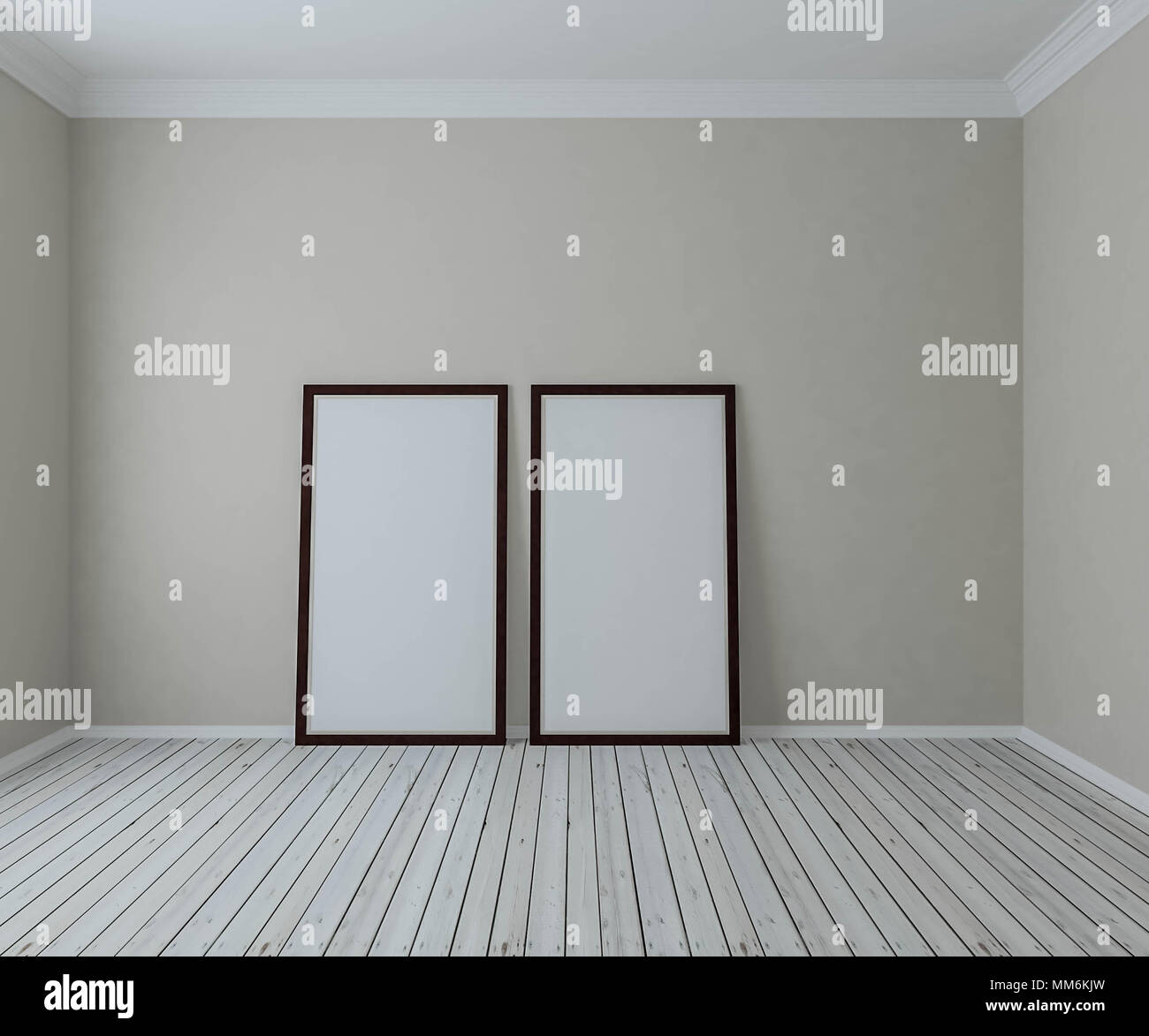 Two empty wood frames on empty wall. For mockup. 3D Illustration Stock ...
