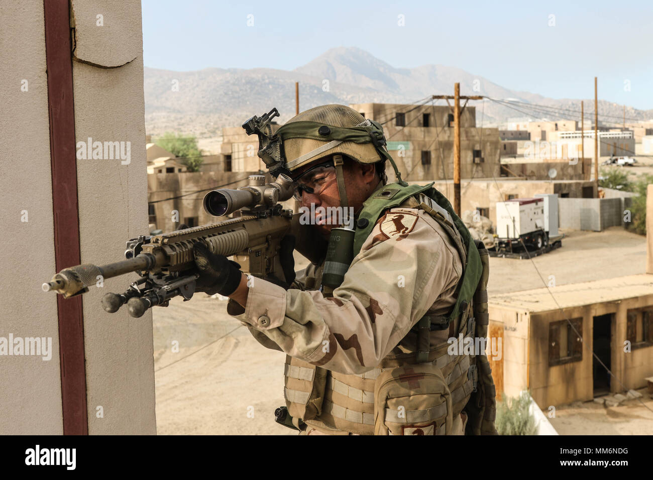 FORT IRWIN, Calif. – An 11th Armored Cavalry Regiment Trooper surveys ...