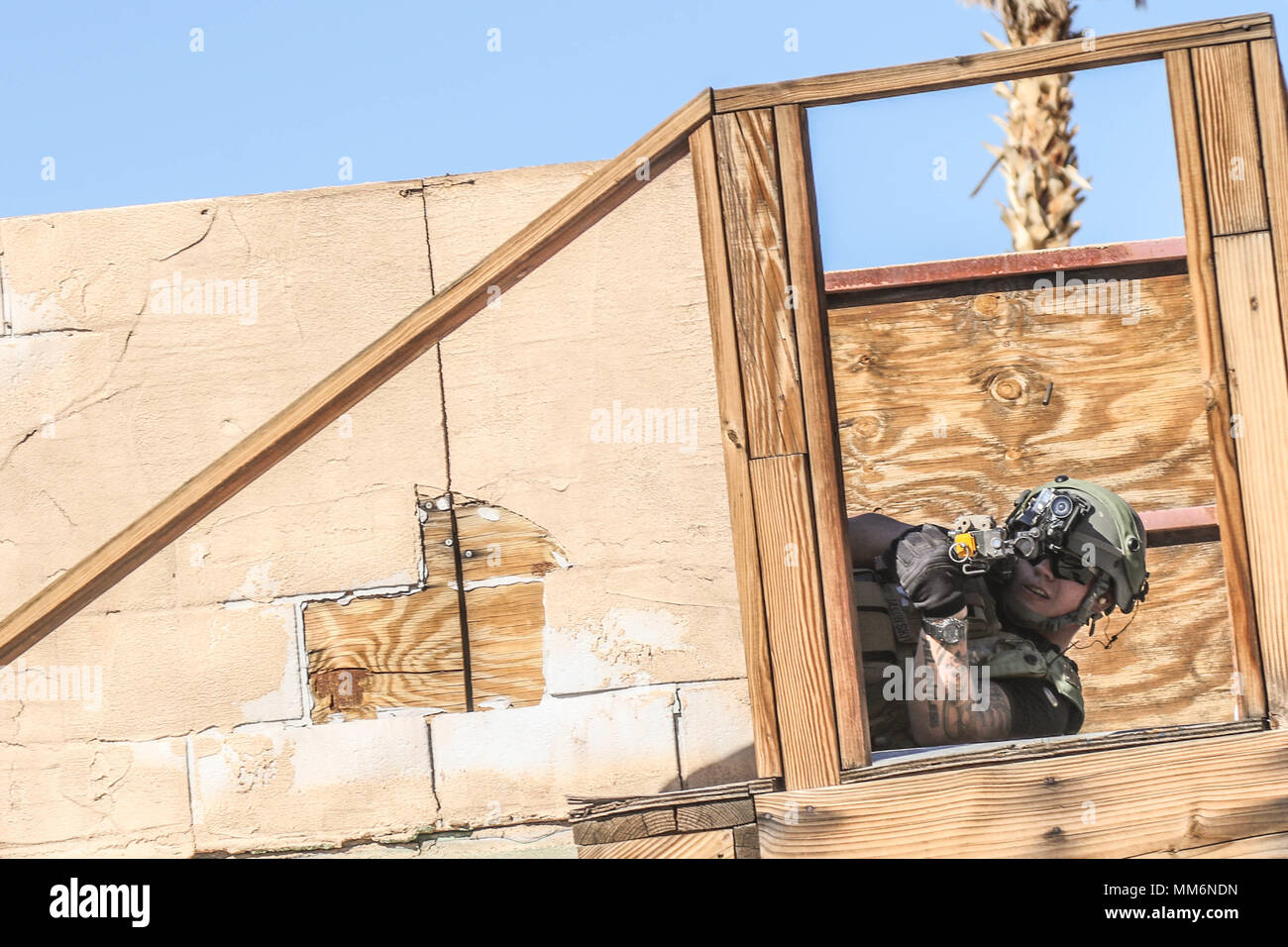 FORT IRWIN, Calif. – An 11th Armored Cavalry Regiment Trooper surveys ...