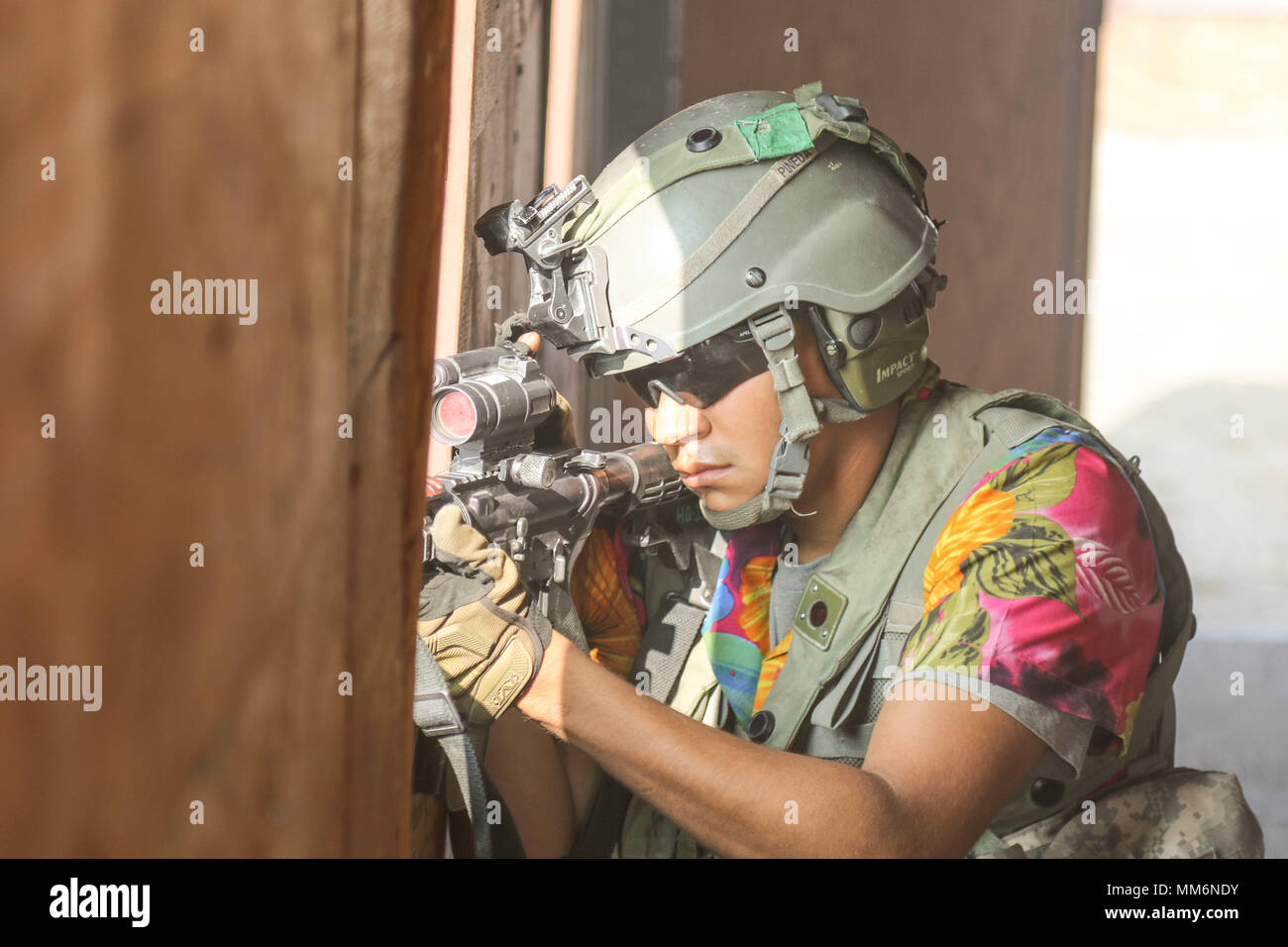 FORT IRWIN, Calif. – An 11th Armored Cavalry Regiment Trooper surveys ...