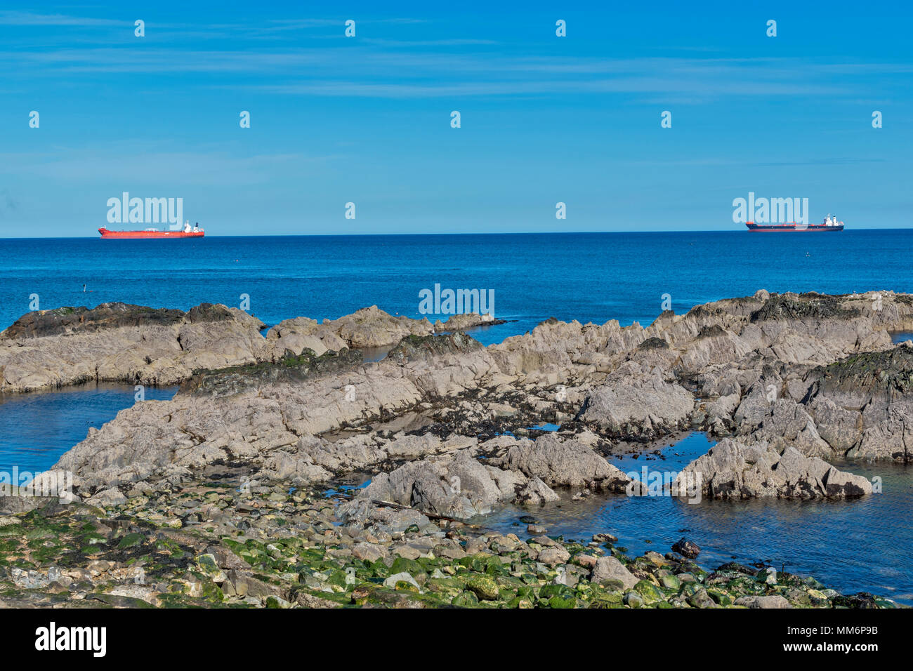 MACDUFF ABERDEENSHIRE SCOTLAND TWO LARGE VESSELS OR SHIPS AT ANCHOR ...