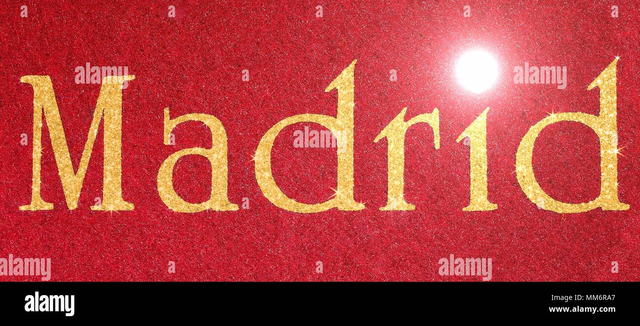 Madrid text of a Spanish city on fabric background and characters in ...