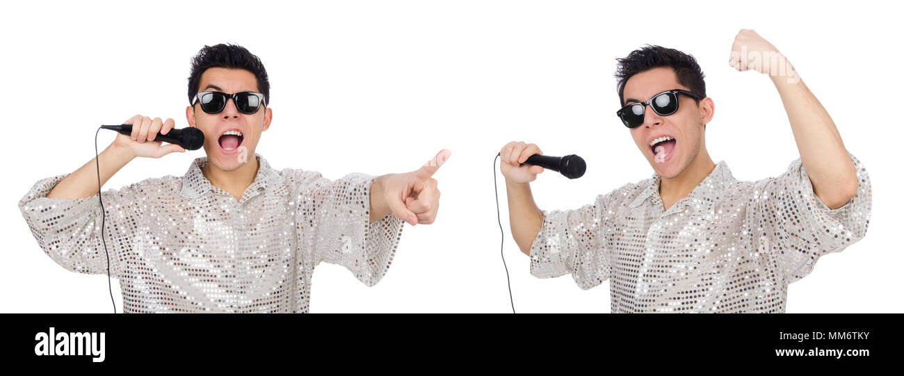 Man with mic isolated on white Stock Photo - Alamy