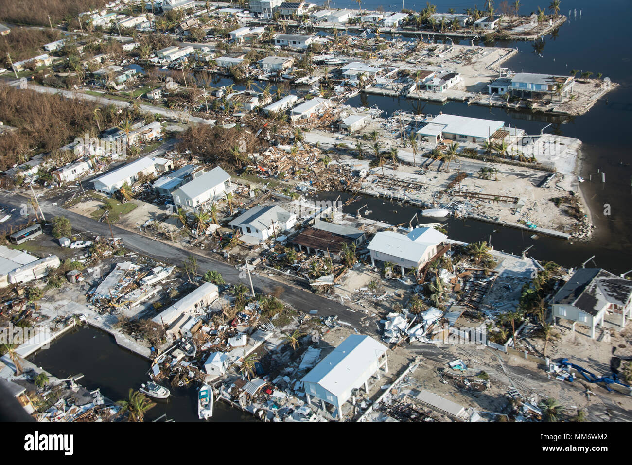 An aerial view of a zone in the Florida Keys displays the damage ...