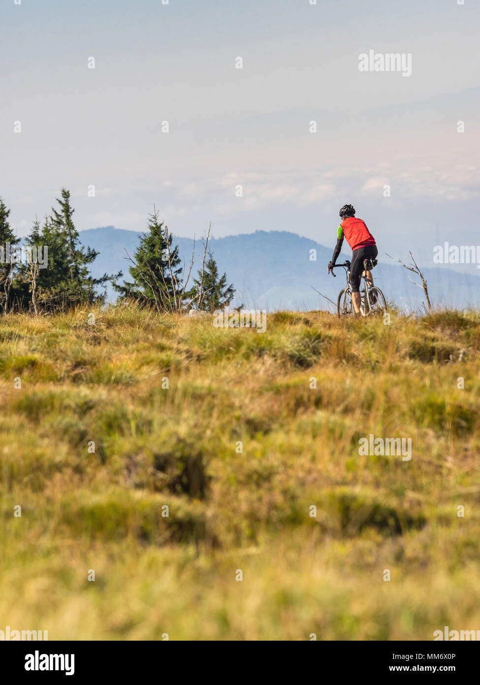 Man riding racing bicycle on cycling tour in the Northern Black Forest ...