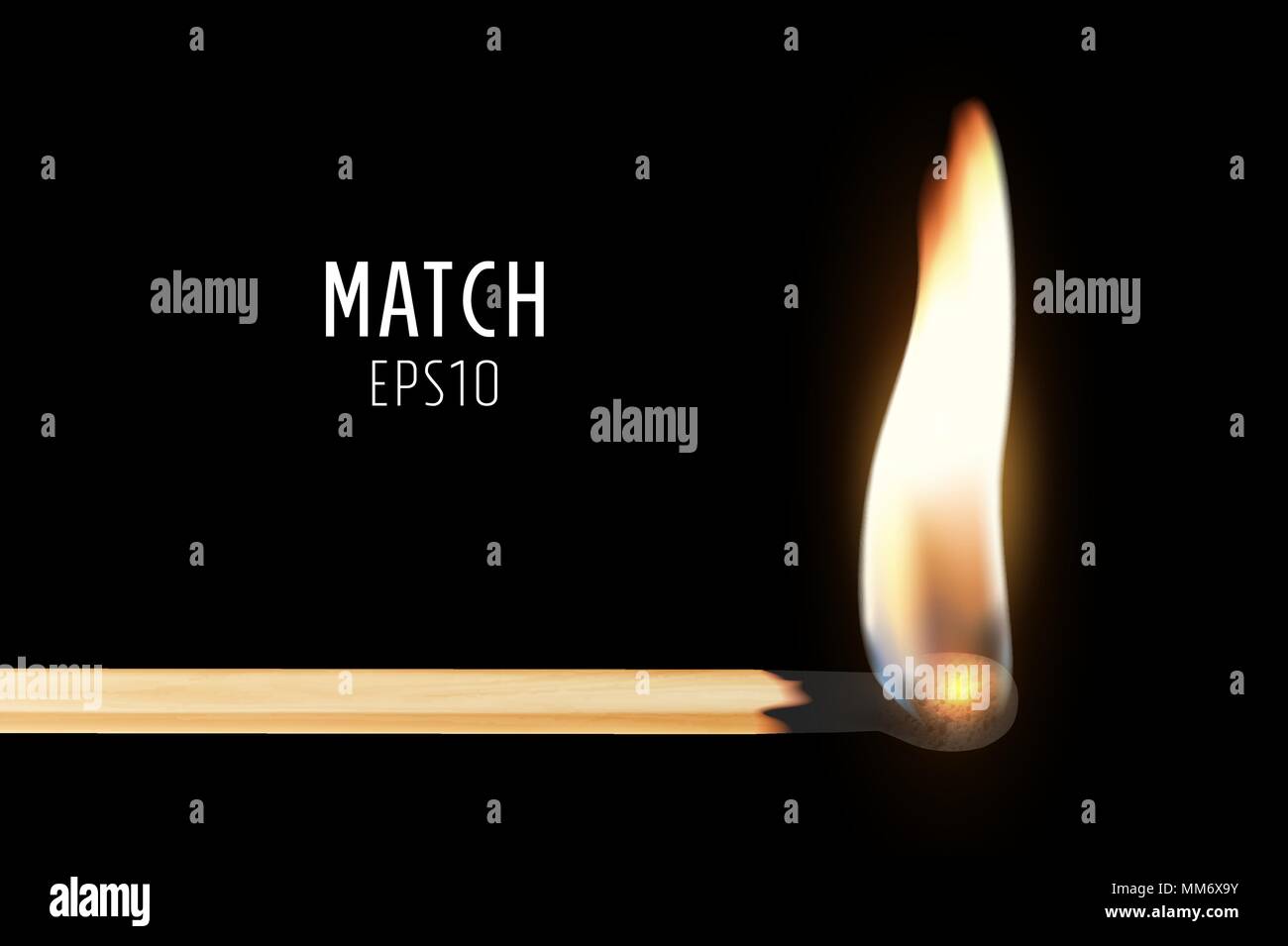 Vector 3d realistic burning match stick icon closeup on dark background ...
