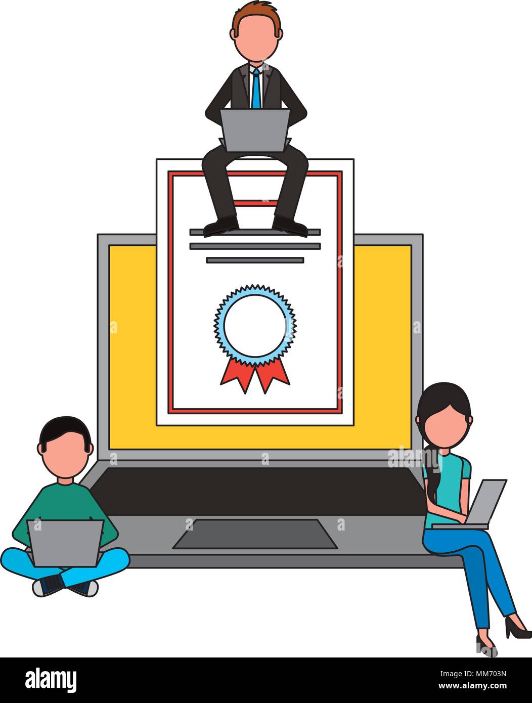 e-learning concept students with laptop and diploma vector illustration ...